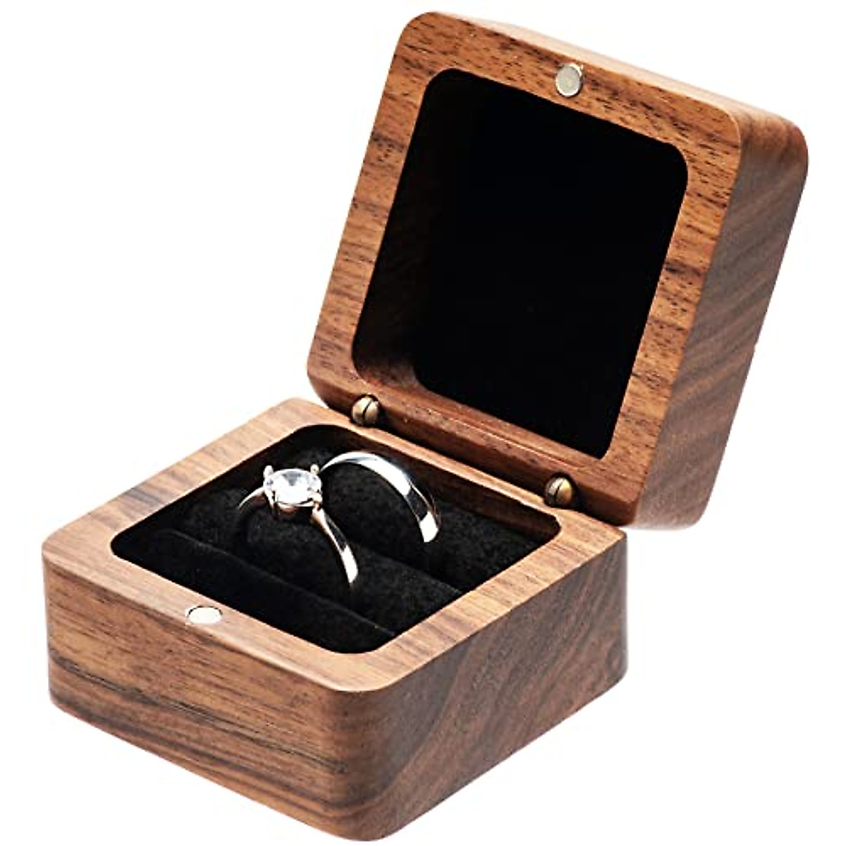 COSISO Square Solid Wood Double Ring Box Case for Wedding Ceremony Engagement Proposal,Wooden Ring Holder for 2 Rings (Black Inner)