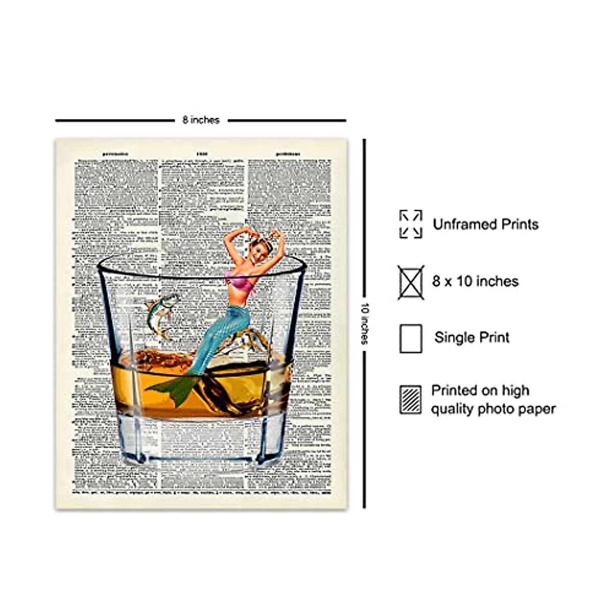 Bar Man Cave Mermaid Decor - Scotch Whiskey Wall Art - Fish Wall Decor for Men, Guys - Funny Alcohol Drinking Decor - 8x10 Dictionary Art Picture Poster - Home Office Decor