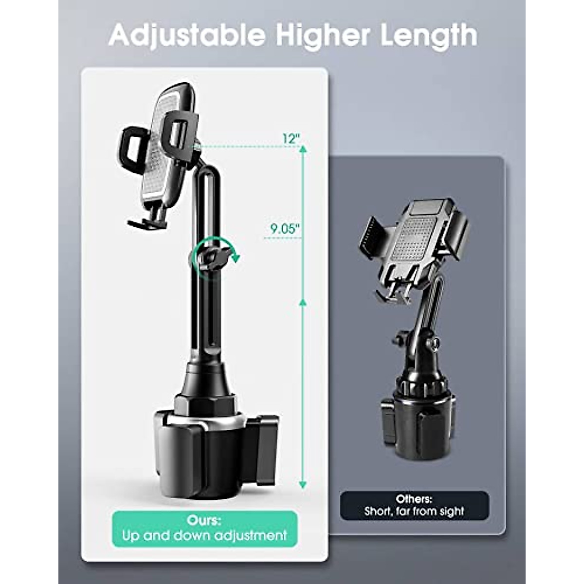 FEGO Cup Phone Holder for Car, [Height Adjustable Pole], Never Shake & Bumpy Roads Friendly Car Phone Holder Mount, Hands-Free Cup Holder Phone Mount Compatible with iPhone Samsung and All Cell Phones