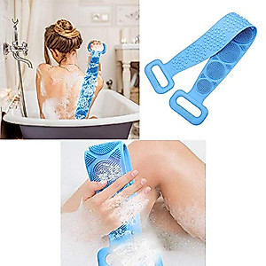Silicone Bath Brush for Shower- Back Body Brush Scrubber, Shower Pull-tab Double-Sided Long Strip Silicone Bath Belt, Easy to Clean-Exfoliate, Blue