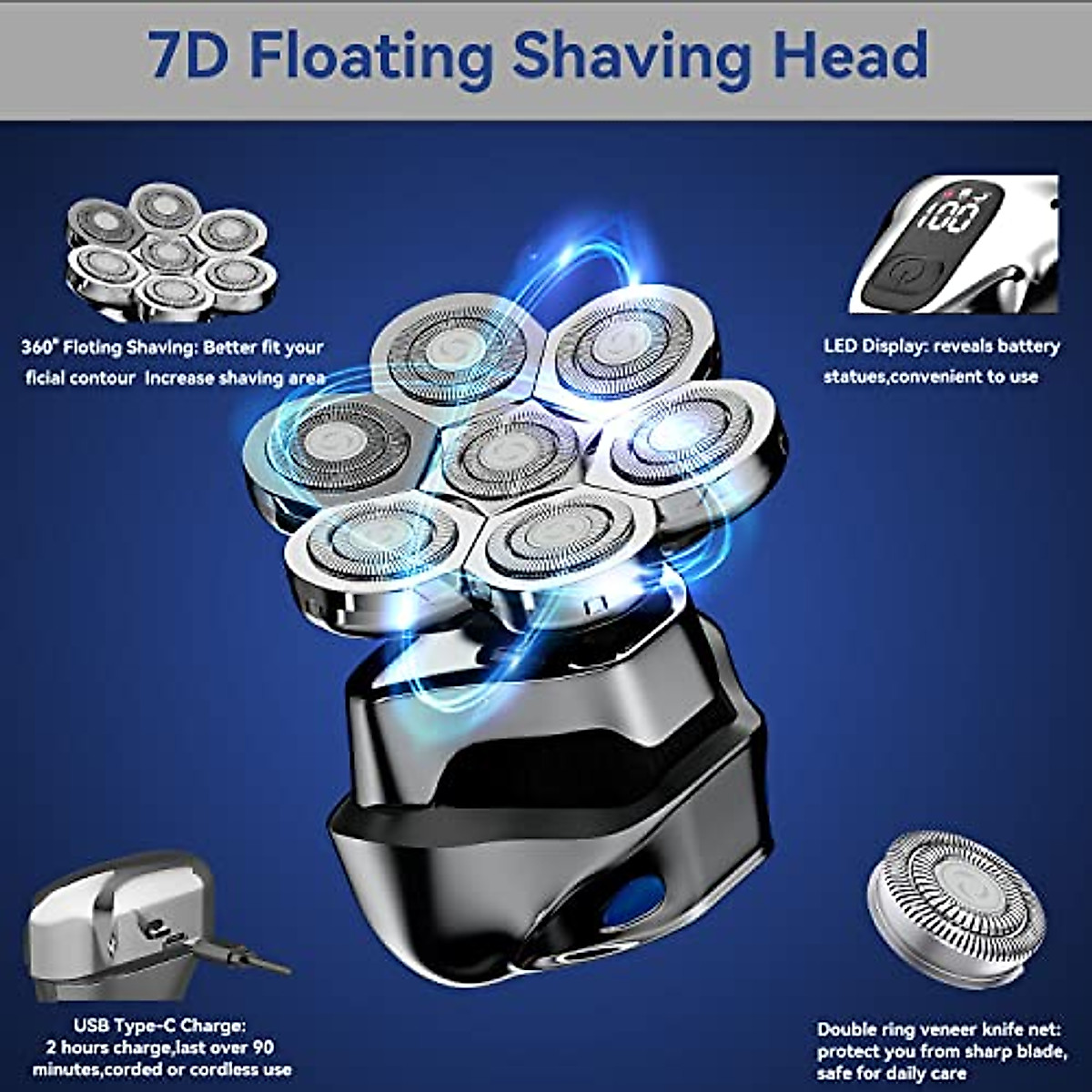 7D Electric Head Shave for Men, 5-in-1 Electric Razor for Bald Men Cordless Rechargeable USB, Waterproof Wet/Dry Rotary Shaver Grooming Kit with LED Display Screen.