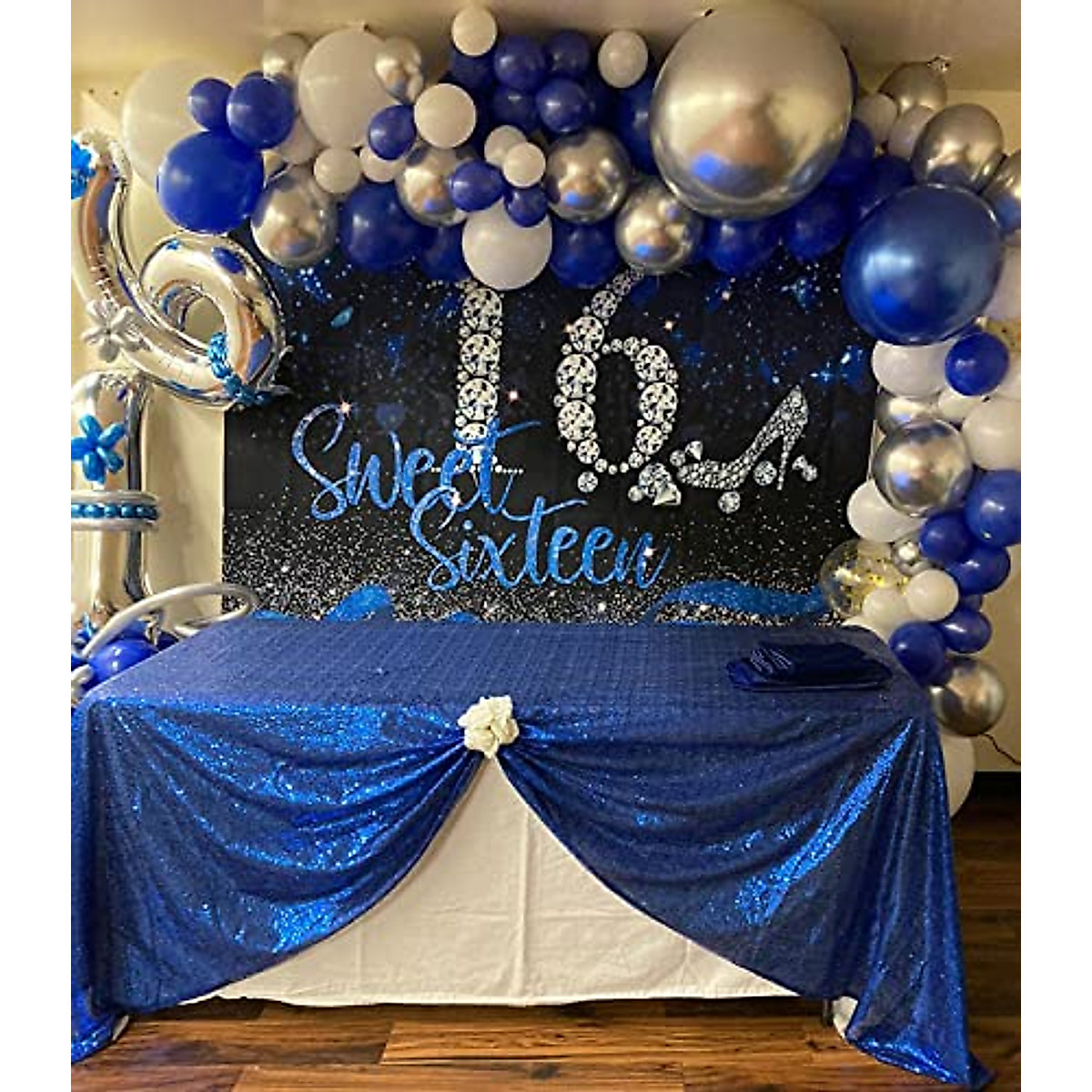 Mocsicka Sweet 16 Birthday Backdrop for Girls Blue and Silver Swwet Sixteen Decoration Happy 16th Birthday Banner Glitter Diamonds Background 16 Birthday Party Supplies (7x5ft (82x60 inch))