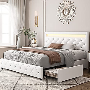 Keyluv Full Size Upholstered LED Bed Frame with 4 Storage Drawers and Adjustable Crystal Button Tufted Headboard, Platform Bed with Solid Wooden Slats Support, No Box Spring Needed, White