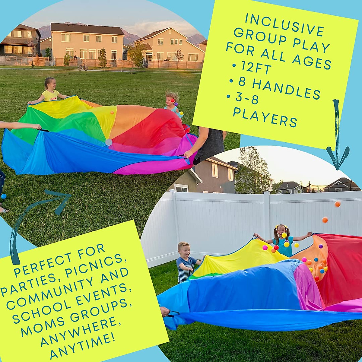 Little Dynamo Parachute Toys for Kids with 8 Handles 12ft - Gym Class Rainbow Color Parachute for Cooperative Group Play - Waterproof and Reinforced Stitching
