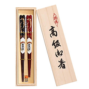 Kawai Japanese Wooden Chopsticks Reusable 2 Pairs in Gift Box, Nippon Scenery Sakura Black and Red [ Made in Japan /Handcrafted ]