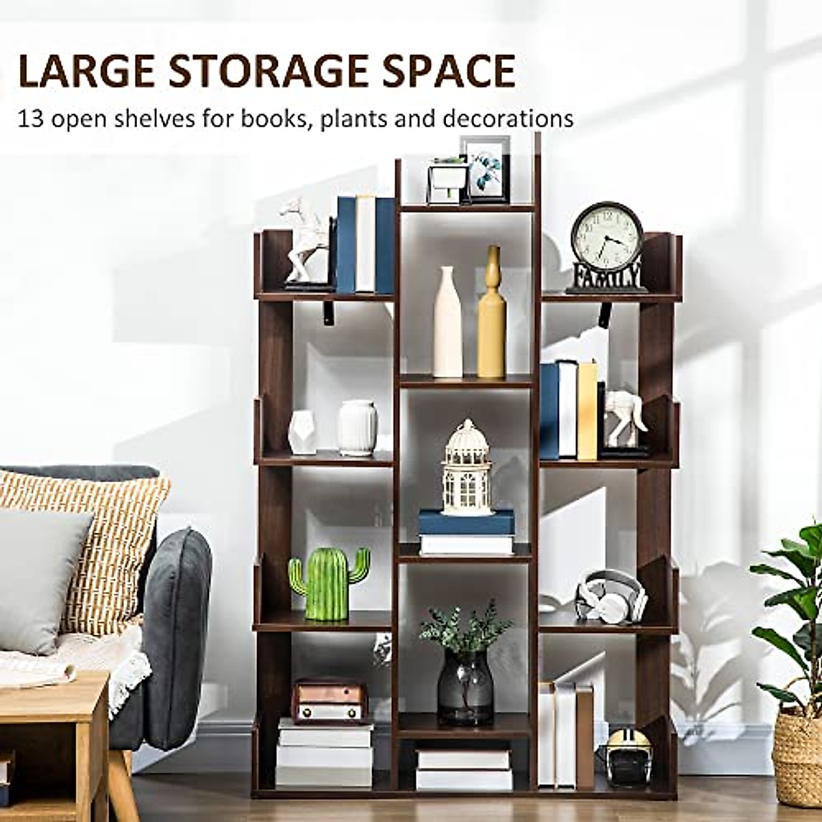 HOMCOM Tree Bookshelf, Modern Freestanding Bookcase with 13 Open Shelves, Display Unit for Living Room, Study or Office, Brown