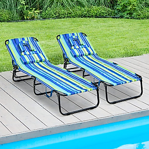 Tangkula Beach Lounge Chair, Folding Sunbathing Recliner with Face Hole, Face Down Tanning Chair with 5-Level Adjustable Backrest & 3 Removable Pillows, Chaise Lounge Chair for Patio (1, Stripe)