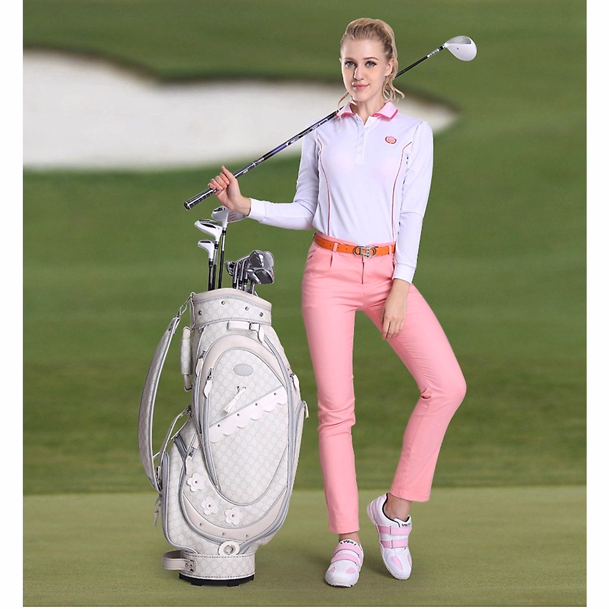 PGM Women's Golf Shoes Waterproof Spikeless with Hook and Loop Straps Pink