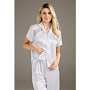 AW BRIDAL 2Pcs Comfy Womens Loungewear Set Pj Set- Short Top Long Pj Pants Silk Pajamas For Women, Satin Pajamas Women, White, L| Bridal Party Pajamas Bride Gifts Bridesmaid Gifts For Wedding Day