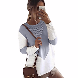 shermie Women's V Shap Colorblock Sweaters Long Sleeve Crew Neck Loose Casual Knitted Pullover Large Grey