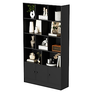 Anystyle Black 13 Cube Bookshelf, 5-Tier Bookcase Storage Cabinet with 3 Doors for Bedroom, Living Room