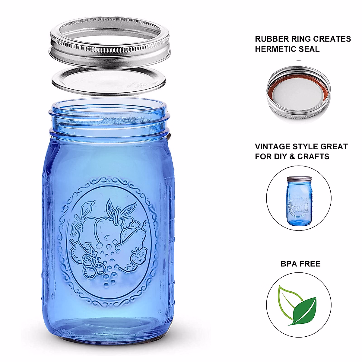 eleganttime Blue Wide Mouth Mason Jars 32 oz,6 Pack Colored Quart Glass Canning Jars with Airtight Lids for Canning,Pickling,Storage,DIY Crafts & Décor