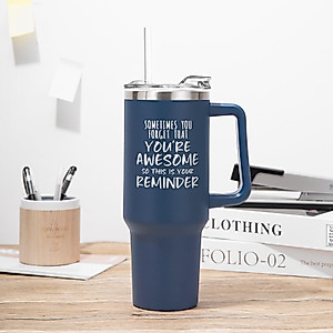 NOWWISH Inspirational Gifts for Men, Sometimes You Forget You're Awesome 40 oz Tumbler with Handle and Straw, Birthday Gifts for Him Husband Dad and Boyfriend - Navy Blue