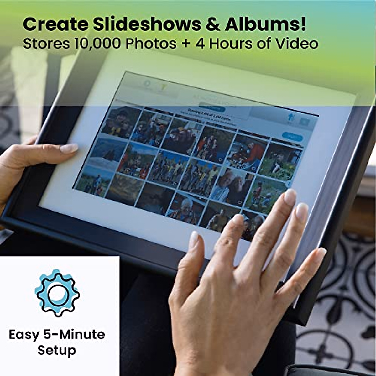 PhotoSpring 10in WiFi Digital Picture Frame with Battery, Send Photos from Anywhere via Email, App, or Web, Easy Touch Screen Setup, 1280x800 Display, Plays Videos, White