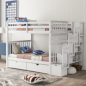 Harper & Bright Designs Full Over Full Bunk Bed with 6 Storage Drawers, Wooden Full Bunk Beds with Stairway and Shelves, Detachable Bunk Bed for Kids, Teens, Adults Boys & Girls (New, White)