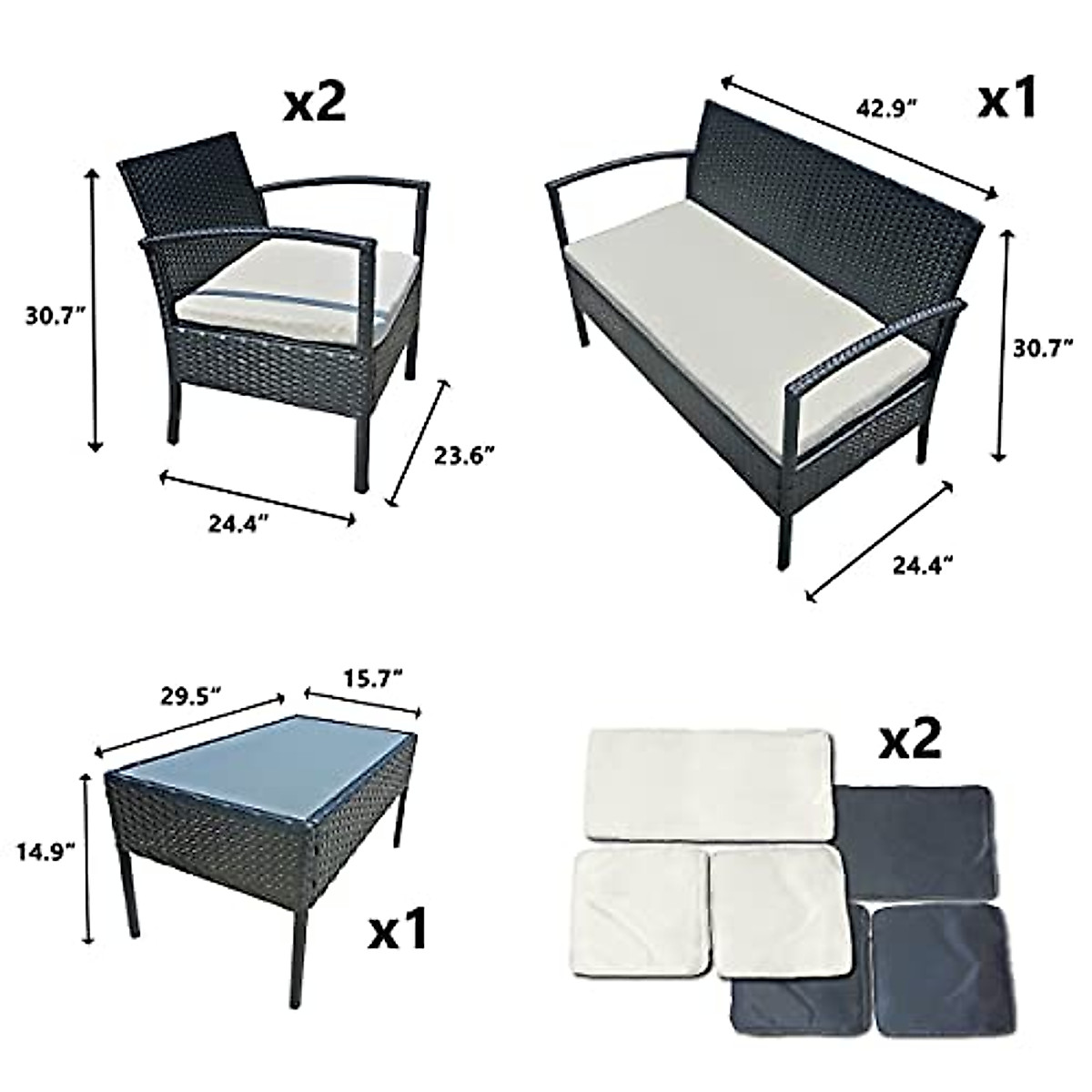 StellaHome Rattan Patio Outdoor Furniture Sets 4 Pieces Wicker Chairs Loveseats with Extra Cushion Covers for Replacement (Black Wicker/Grey&Beige Cushions)