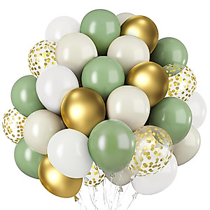 Sage Green White Gold Balloons, 50pcs Olive Green Gold Metallic Sand White Balloons with Gold Confetti Balloons for Wedding Baby Shower Bridal Shower Safari Birthday Party Decorations