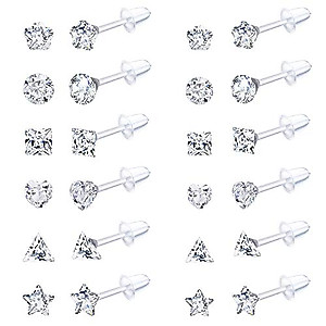 Jstyle 12Pairs Clear Plastic Stud Earrings for Women Acrylic Post Star Heart Rhinestone Ear Studs Piercing Retainers