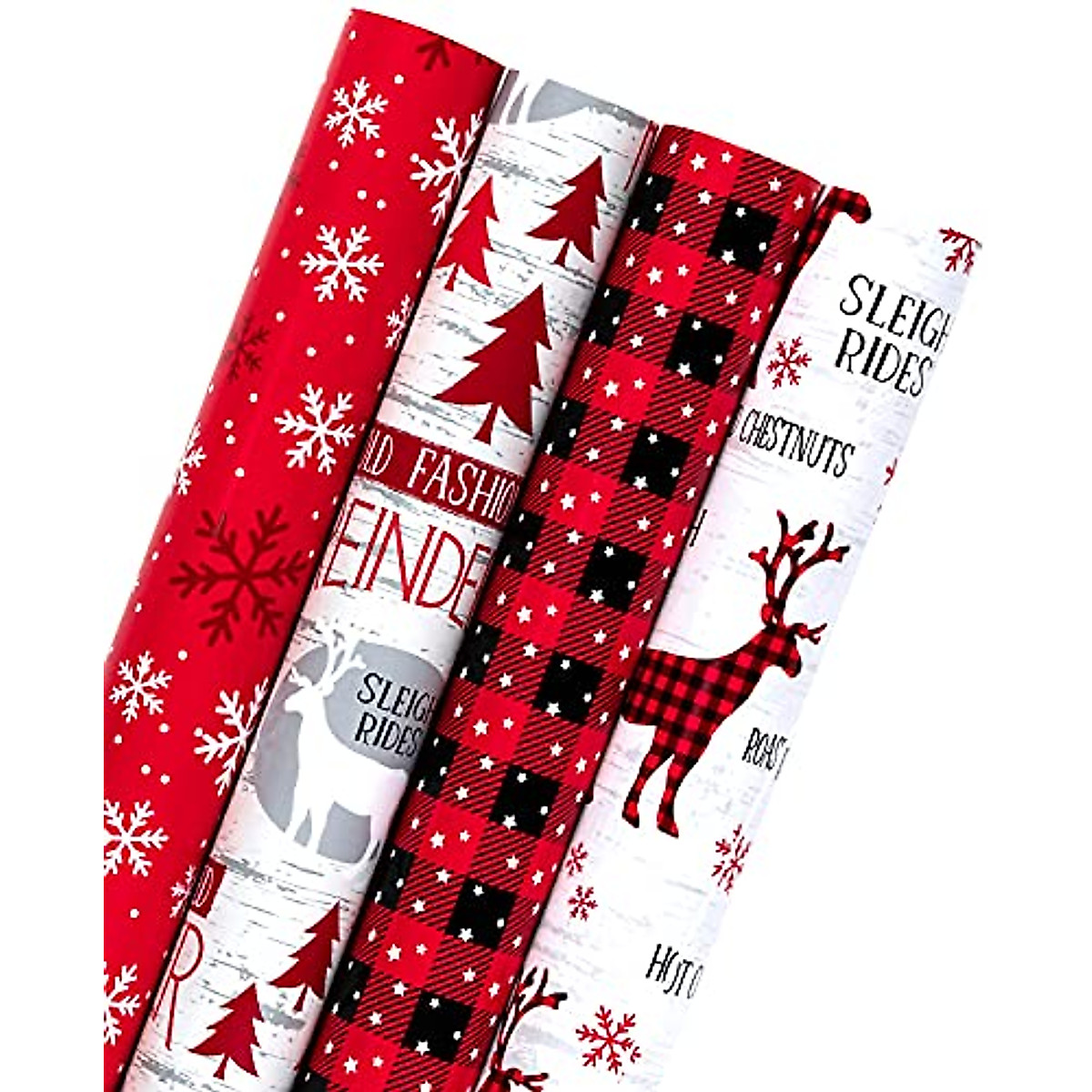 WRAPAHOLIC Christmas Wrapping Paper Roll - Rustic Holiday Woodland Scenes - Snowflake, Plaid, Reindeer - 4 Rolls - 30 Inch X 120 Inch Per Roll