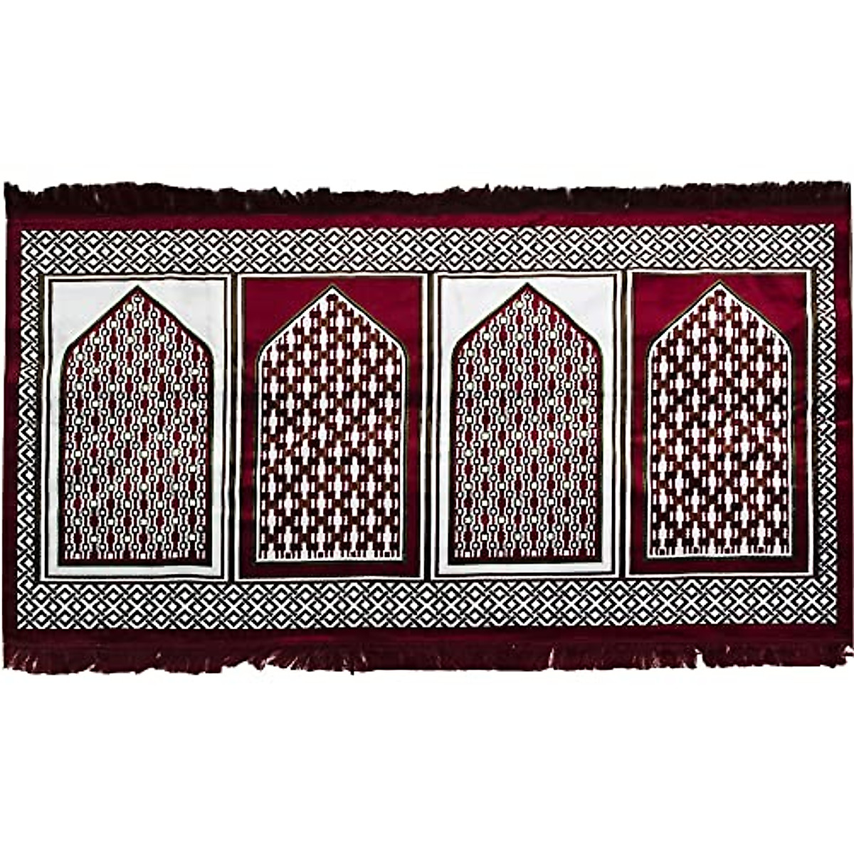 Modefa Turkish Islamic Prayer Rug - Multi Person Janamaz Sajada for Family or Mosque - Large Gathering & Group Praying Carpet - Wide Plush Velvet Praying Mat - Geometric Red & Green (Red - 4 Person)