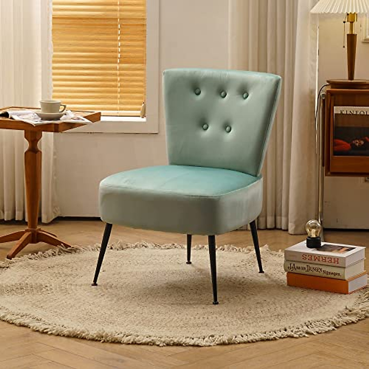 EODNSOFN Velvet Fabric Upholstered Trundle Chair with Black Metal Legs Dining Room Living Room Bedroom, Light Blue