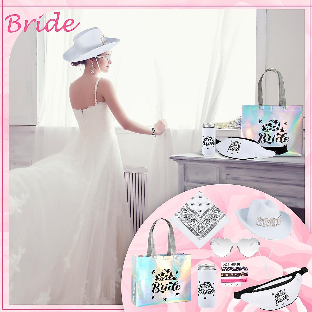 ShinyMatch 49 Pcs Cowgirl Bachelorette Party Favors Set Bachelorette Cowgirl Hats Bridesmaid Fanny Pack Can Sleeves Cowgirl Hair Ties Paisley Bandanas Heart Glasses Tote Bags for Bridal Shower