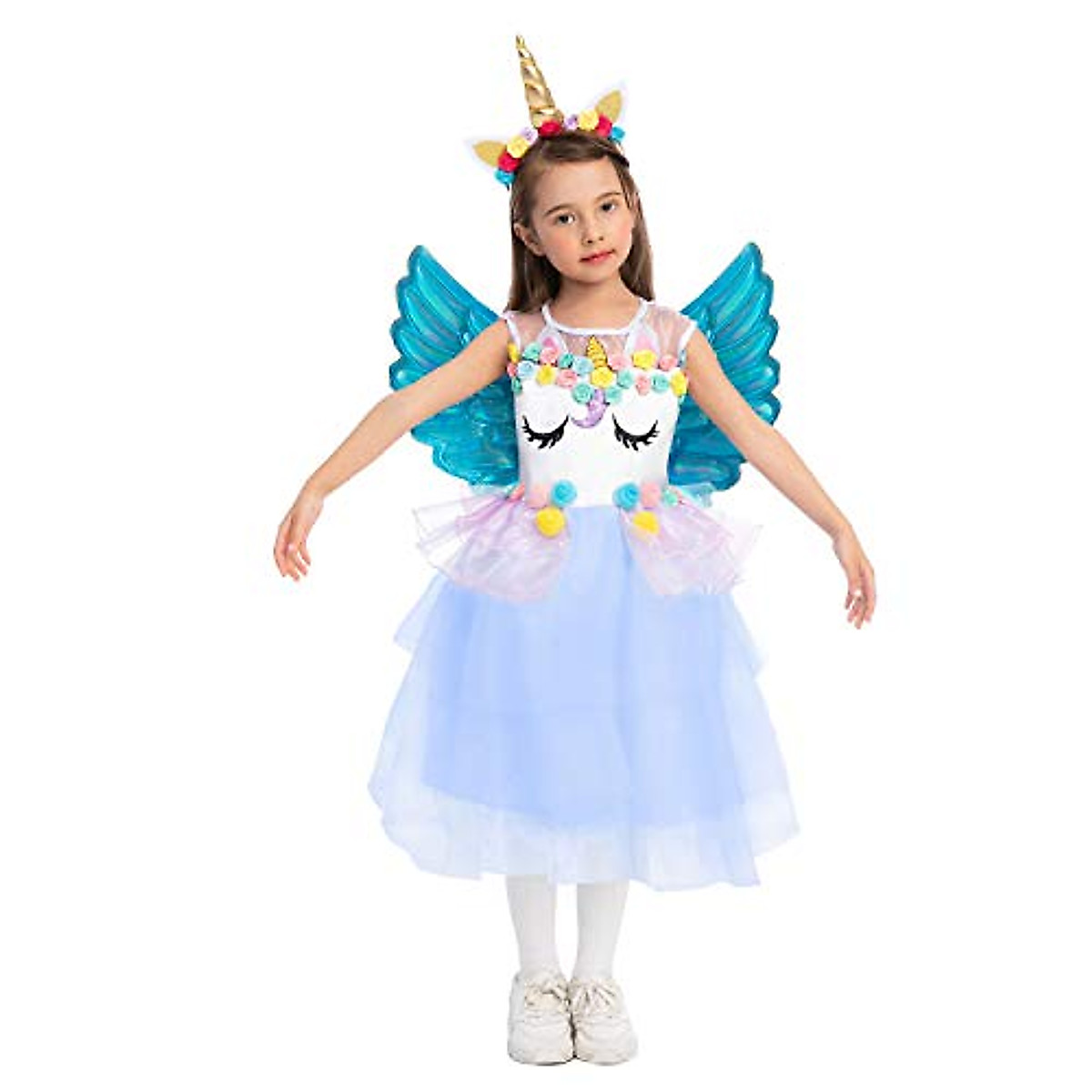Spooktacular Creations Unicorn Princess Pageant Flower Girl Tutu Dress Rainbow Skirt with Headband and Wings for Kids (Blue, Small)