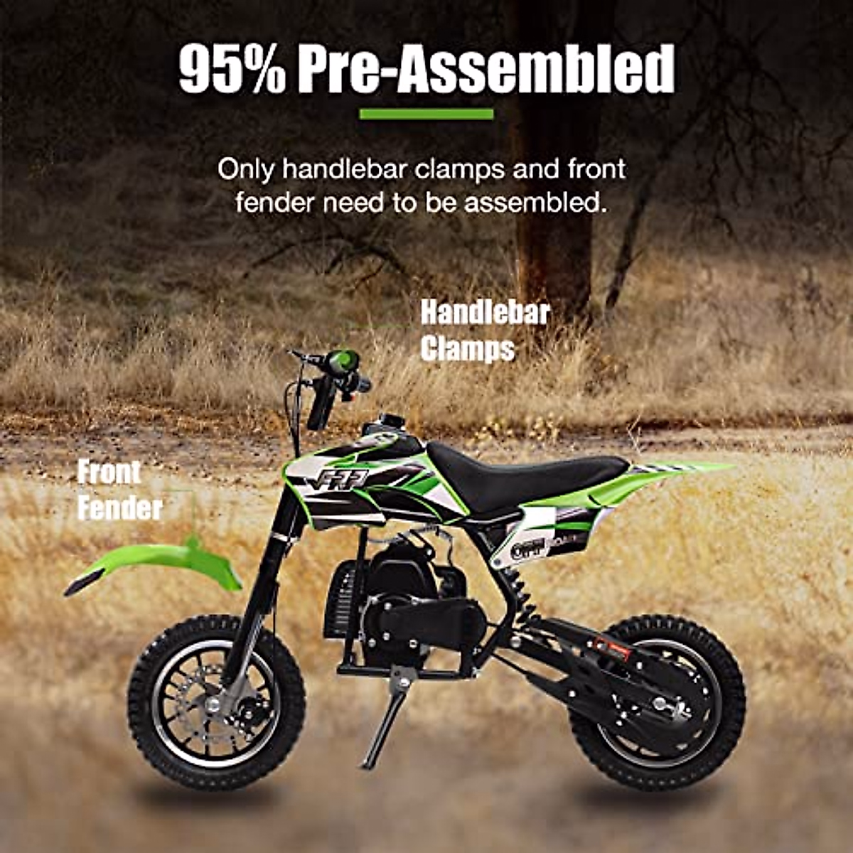 FRP DB001 50CC 2-Stroke Kid Dirt Bike, Off-Road Mini Dirt Bike Up to 20Mph, EPA Approved Kids Dirt Bike W/Rear Suspension, Kill Switch, Front & Rear Disc Brake, Dirt Bike Gas Max Load 160Lbs (Green)