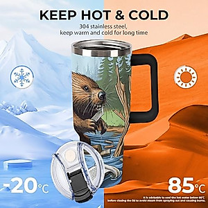 LLUTSNTH 40 Oz Vacuum Tumbler with Black Handle Leakproof Insulated Tumbler Busy Beaver Cartoon Stainless Steel Travel Mug with Lid And Straw Coffee Cup Cute Water Bottles Cup Holder Friendly