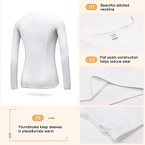 TERODACO Womens Thermal Shirts Fleece Lined Long Sleeve Quick Dry Shirt Ski Base Layer Yoga Shirts Athletic Workout Tops Compression Thumb Holes Shirt for Women 5021 White XL
