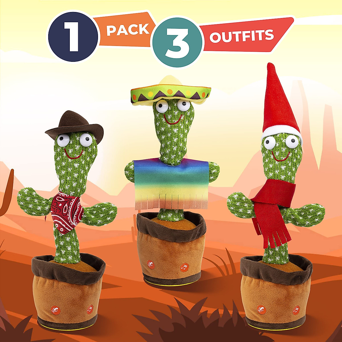 Chuchik Dancing Talking Cactus Toy for Babies - 60 Songs, 3 Changeable Outfits, Glowing LED Lights (1 Pack)