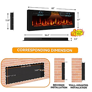 60 Inches Electric Fireplace Inserts, Ultra-Thin Fire Place Heater, Floating Wall Faux Fireplace Electric with Higher Temperatures & Lower Noise, Aesthetic Design & Realistic Flames, 750/1500W