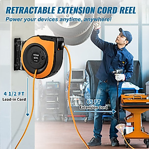VEVOR Retractable Extension Cord Reel, 65 FT, Heavy Duty 12AWG/3C SJTOW Power Cord, with Lighted Triple Tap Outlet, 15 Amp Circuit Breaker, 180° Swivel Bracket for Ceiling or Wall Mount