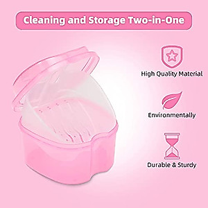 Dental Orthodontic Retainer Container Cleaning Case,Denture Bath Box Case Cup Holder, Mouthguard Storage Soaking Case - Leak Proof with Lid Waterproof - Pink