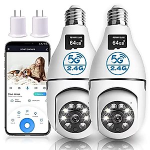 2Pcs Light Bulb Camera, 1080P Security Camera Home Wireless 5GHz＆2.4GHz WiFi Motion Auto Tracking 360 Degree Smart Surveillance Camera with Motion Detection Alarm Night Vision (Included 64G SD Card)