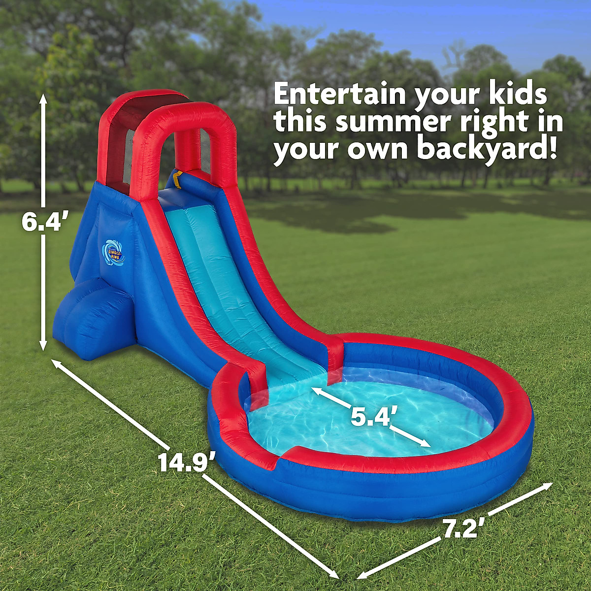 Sunny & Fun Inflatable Single Ring Water Slide Park – Heavy-Duty for Outdoor Fun - Climbing Wall, Slide & Deep Pool – Easy to Set Up & Inflate with Included Air Pump & Carrying Case