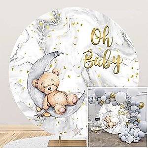 Canessioa 7.5x7.5ft Oh Baby Bear Round Backdrop Cover Gold Sequins Abstract Grey White Marble Texture Baby Shower Round Backdrop Polyester Gender Reveal Party Newborns Boy Baby Shower Round Backdrop