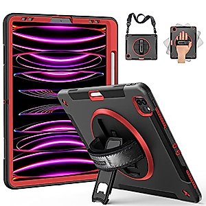 GEEKSDOM iPad Pro 12.9 Case 6th Generation 2022: Military Grade Heavy Duty Shockproof Cover for iPad Pro 12.9 Inch 2021 5th Gen-Pencil Holder-Rotating Stand-Hand/Shoulder Strap-Red