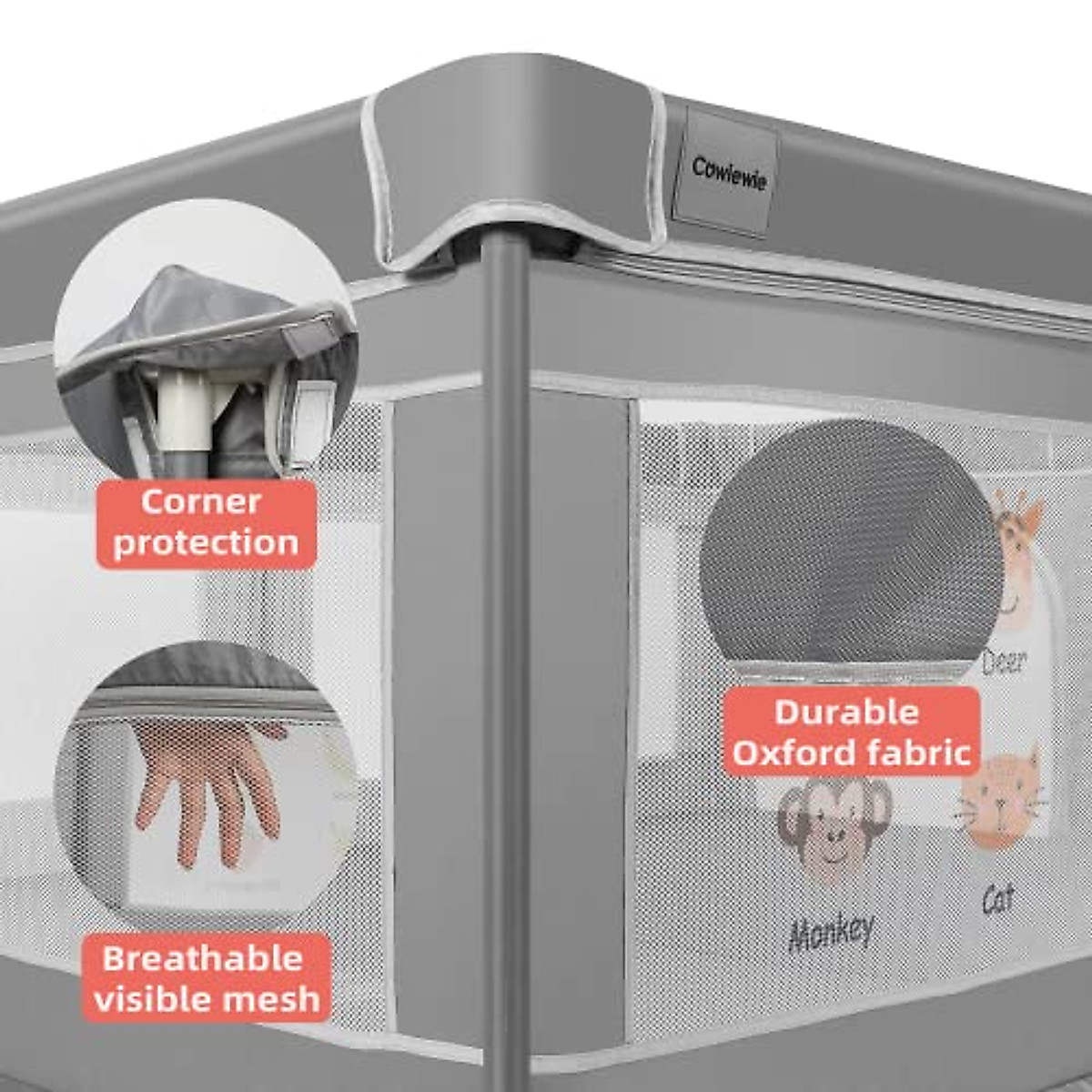 Cowiewie Baby Playpen 76.77x 61.02x26.77 inch Extra Large Playpen with Hanging Basket, Safety Gate Playpen with Breathable Mesh and Prints, Kids Activity Center, Playpen for Babies and Toddlers