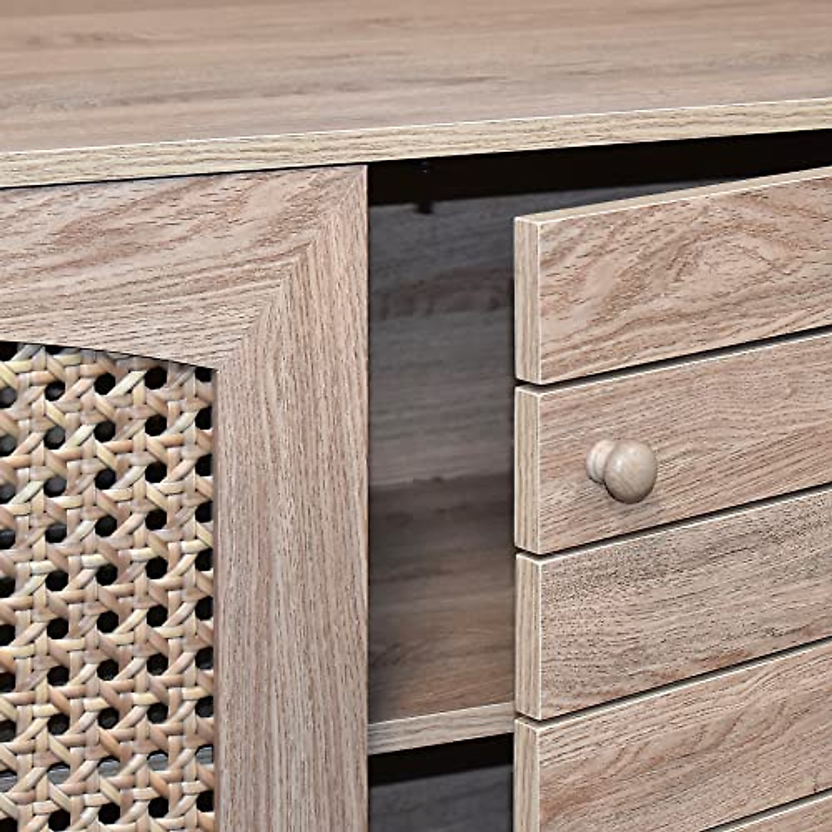 DG Casa Sorico Coastal Living Room Entryway Table with Rattan Style Doors Kitchen Sideboard Buffet Storage Cabinet, Adjustable Shelf, Oak, 63"