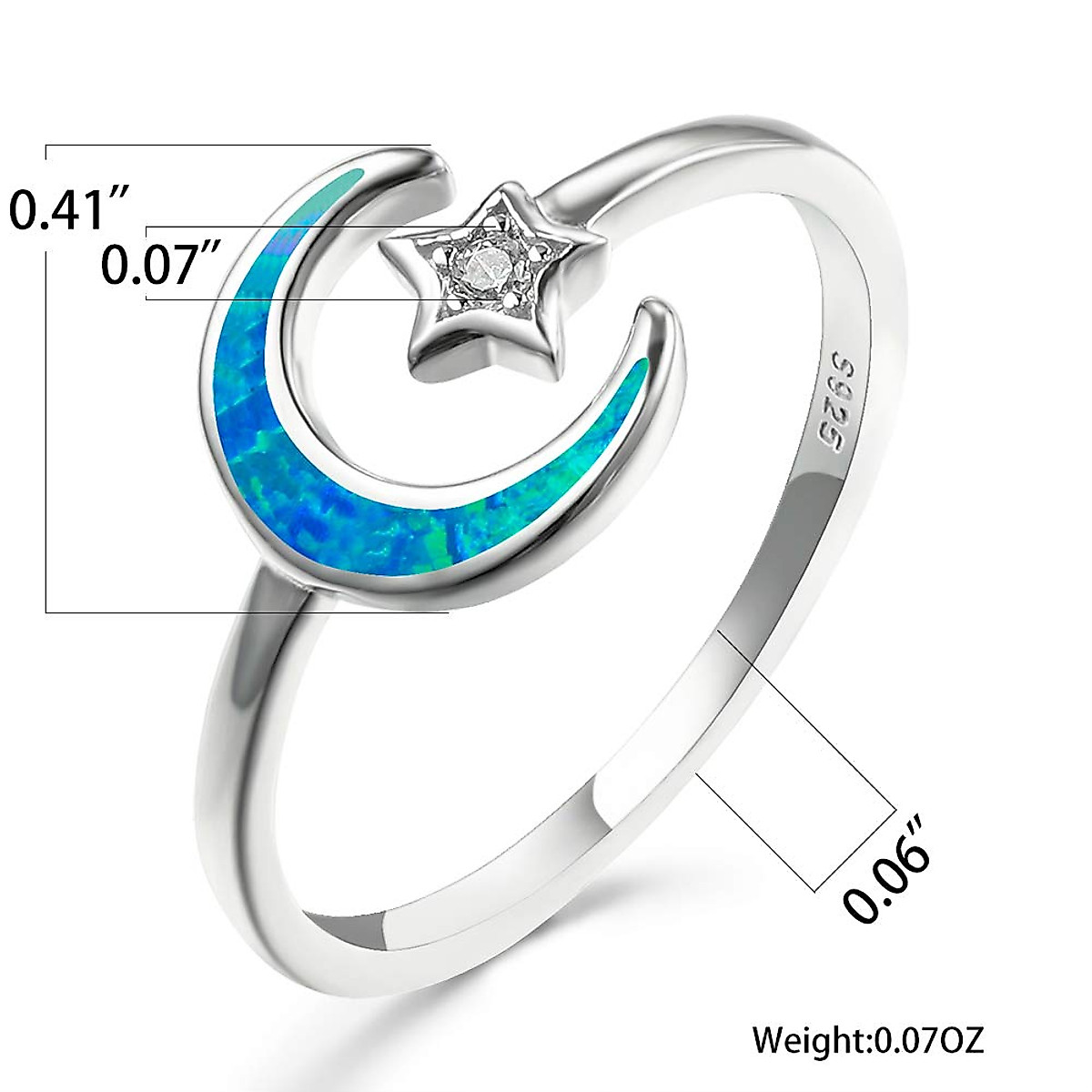 Angol Opal Moon Star Ring for Women Sterling Silver Adjustable Crescent Moon Ring 5A+ Cubic Zirconia Statement Hypoallergenic Finger Ring Gift with Box