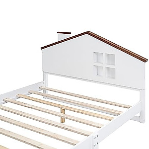 FIQHOME Full Size House Platform Bed,Wooden Kids Full Platform Bed Frame with LED Lights and Storage, Cute Single Full Led Bed for Girls Boys,No Box Spring Needed,White