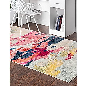 Unique Loom Estrella Collection Light Colors, Abstract, Modern, Vibrant Area Rug, 5 ft x 8 ft, Pink/Ivory