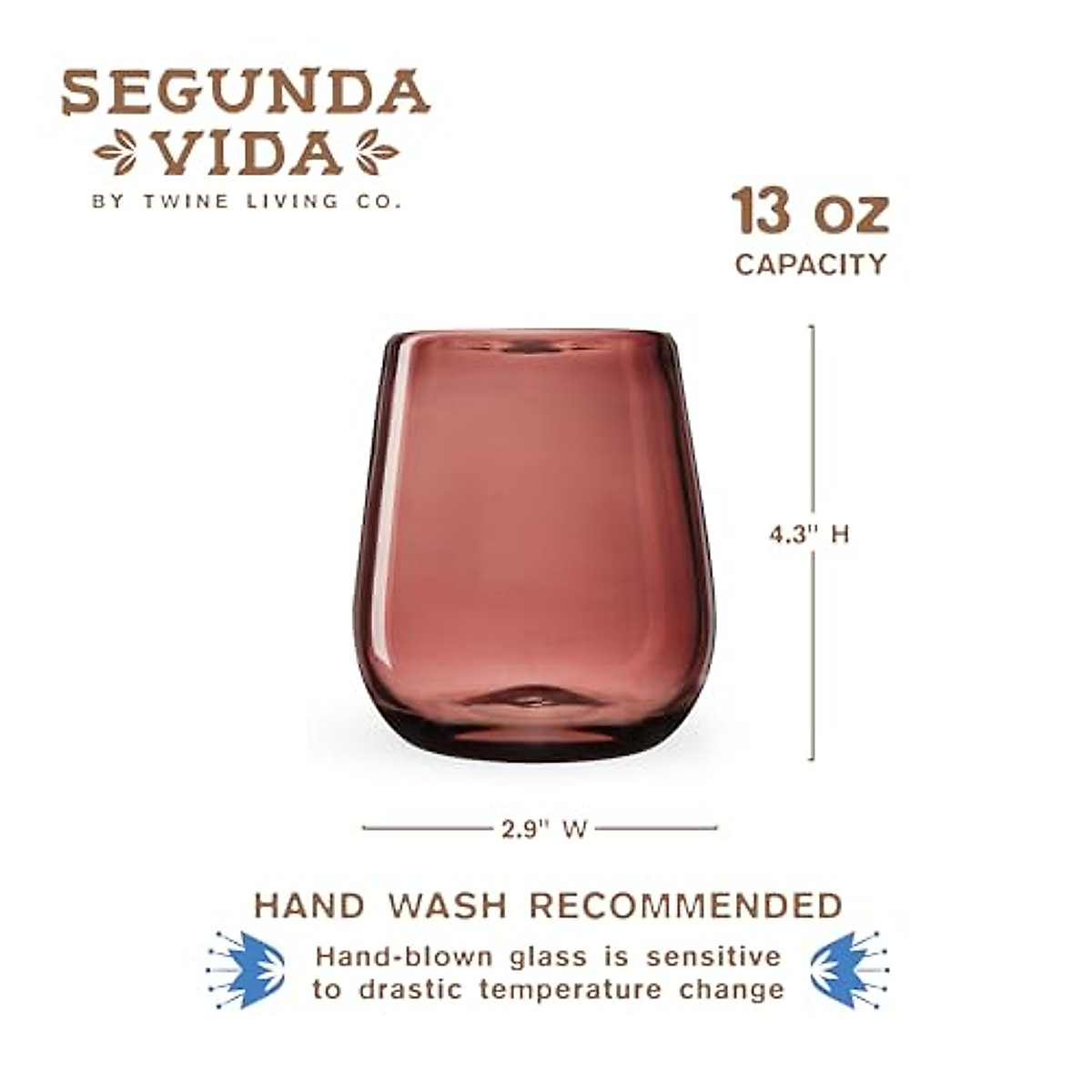 Segunda Vida Rosado Stemless Wine Glasses Set - Hand Blown Colorful Wine Glasses- Purple 100% Recycled Glassware Made in Mexico 13oz Set of 2