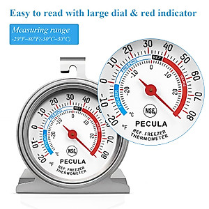 PECULA Refrigerator Thermometer Large Dial, Freezer Thermometer -30-30 Deg ℃/-20-80 Deg ℉, Fridge Thermometer by Stainless Steel, Thermometer for Fridge Suitable for Refrigerators and Freezers
