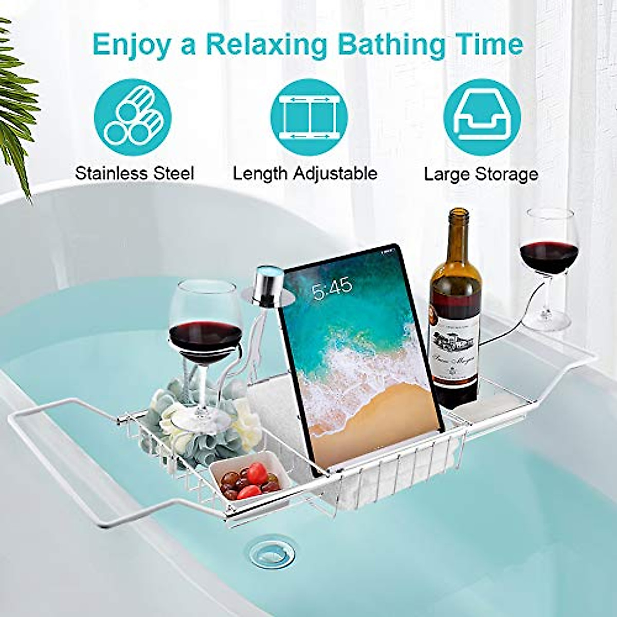 Bath Tray for Tub, Adjustable Bathtub Caddy Tray with Extending Side, Metal Bathtub Shelf Expandable Storage Rack Organizer with Wine Glass and Phone Holder for Home Bathroom Luxury Bathing, Silver