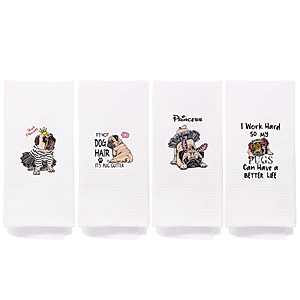 NEGIGA Pug Kitchen Towels 16X24 Set of 4, Pug Gifts for Pug Lovers Women, Pug Mom Gifts, Puggle Gifts, Pug Dish Towels, Pug Hand Towels, Pug Tea Towels, Pug Decor