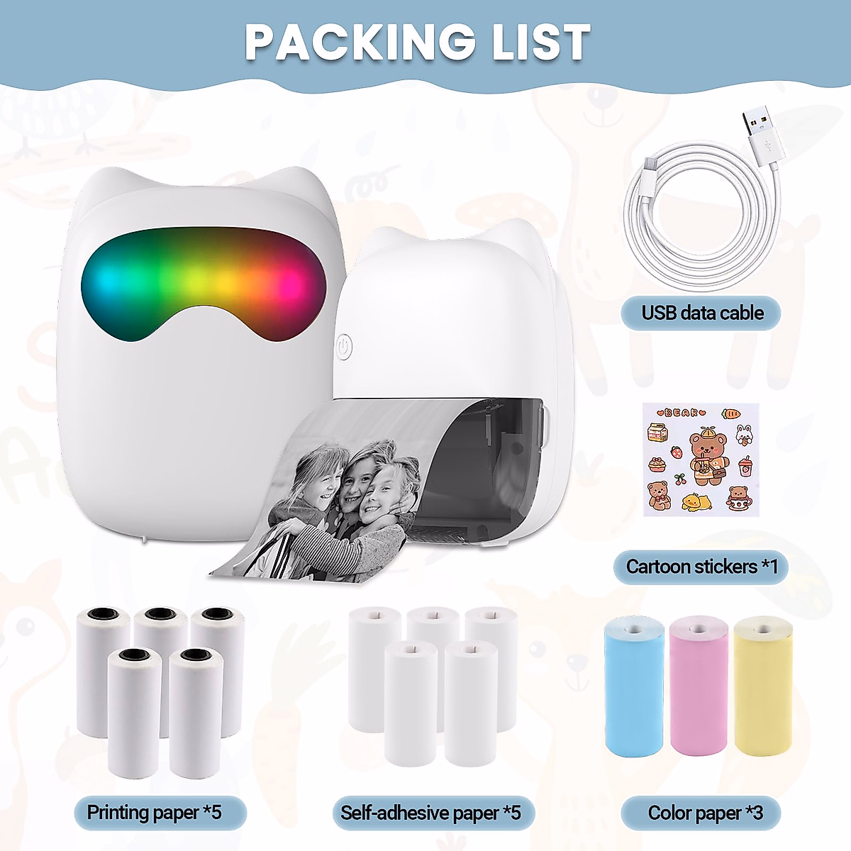 Mini Sticker Printer, Inkless Pocket Sticker Printer with 6 Color Lighting Modes, Bluetooth Thermal Printer with 13 Rolls Paper Compatible with Android & iOS for Journal, Memo, Photo, DIY, Gifts