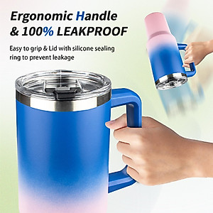 GUDEMAO 40 oz Tumbler with Handle, Insulated Tumbler with Lid and Straw, Reusable Stainless Steel Vacuum Insulated Cup, 100% Leak Proof Thermal Travel Coffee Mug Cup for Cold and Hot (Blue Pink)
