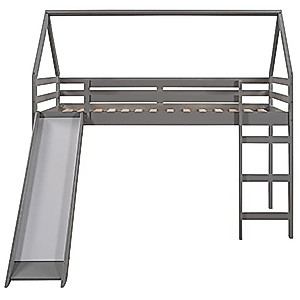 Lifeand Twin Size Loft Bed with Slide,Wooden House Bed for Kids/Girls/Boys, Gray